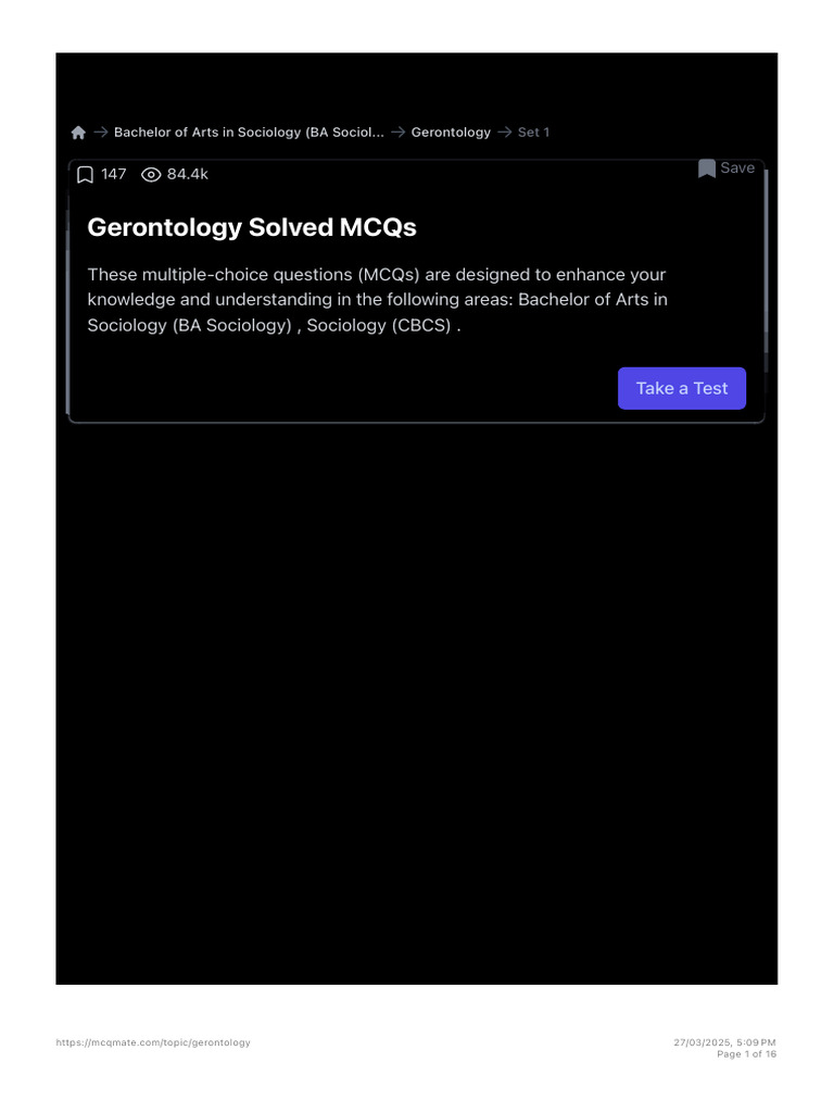 Gerontology Solved MCQs With PDF Download | PDF | Gerontology | Sociology