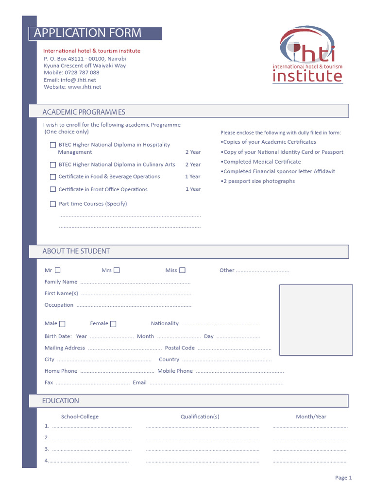 Hotel & Tourism Institute Application Form | PDF