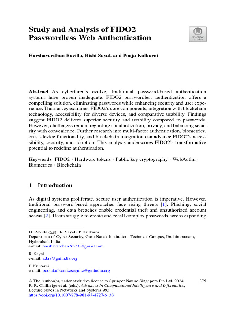 Study and Analysis of FIDO2 Passwordless Web Authentication | PDF ...