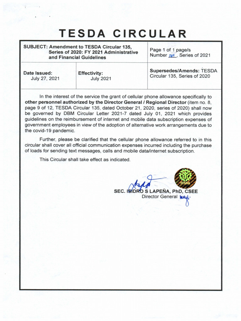 TESDA Circular No. 069-2021 | PDF