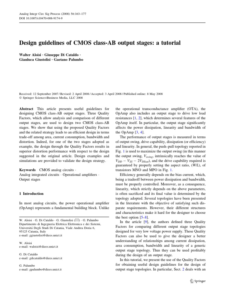 Design Guidelines Of Cmos Class Ab Output Stages A Tutorial