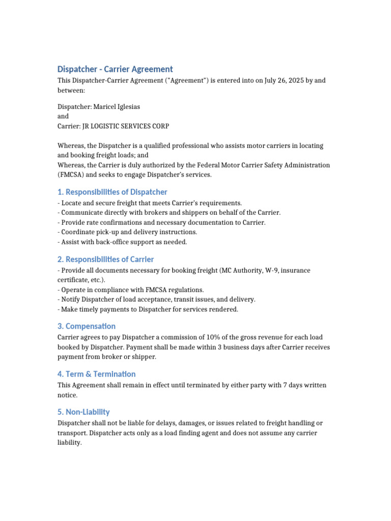 Dispatcher Carrier Agreement Maricel | PDF