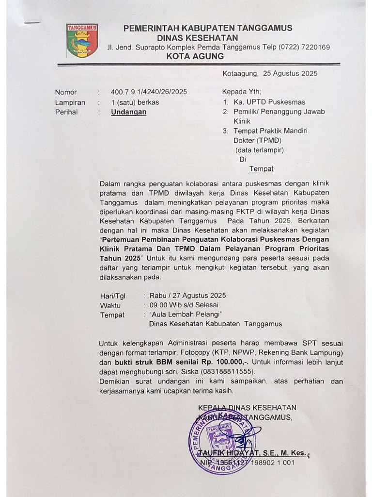 Undangan Kolaborasi PKM TPMD Dan Klinik Rabu 27 Agusus 2025 | PDF