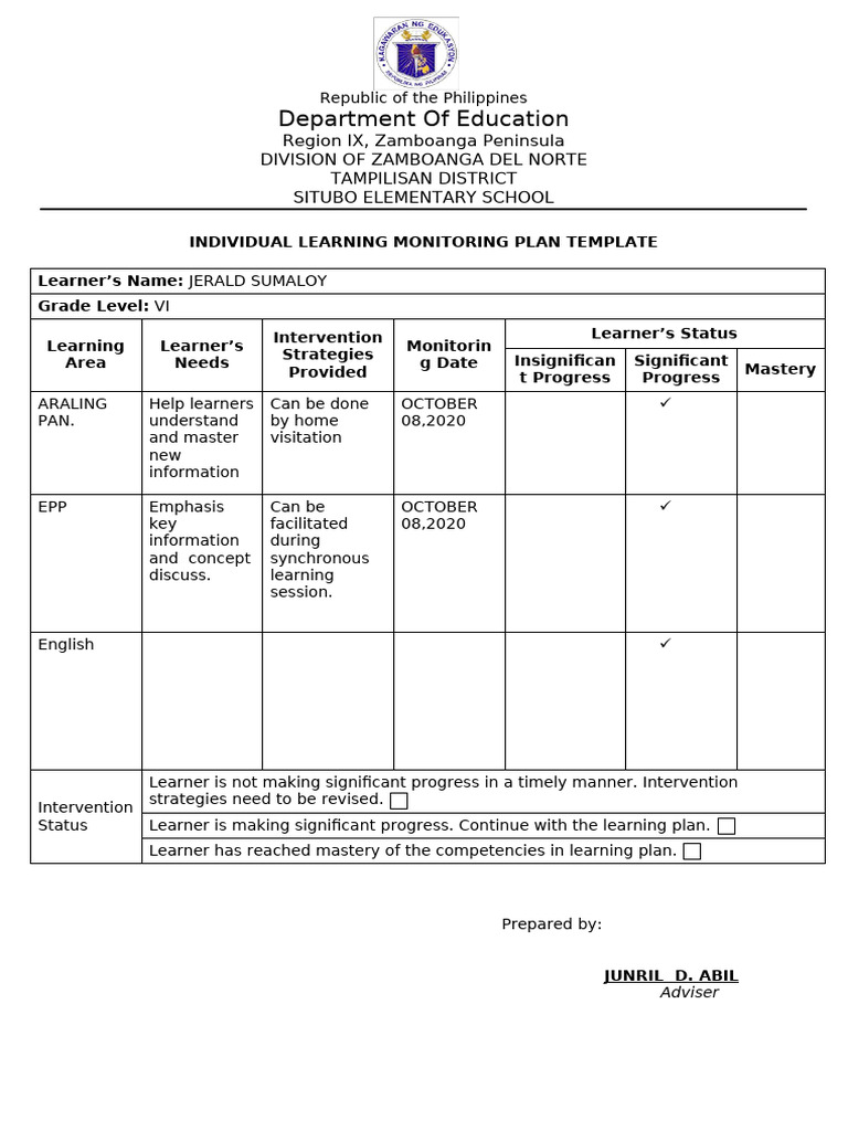 Individual Learning Monitoring Plan | PDF