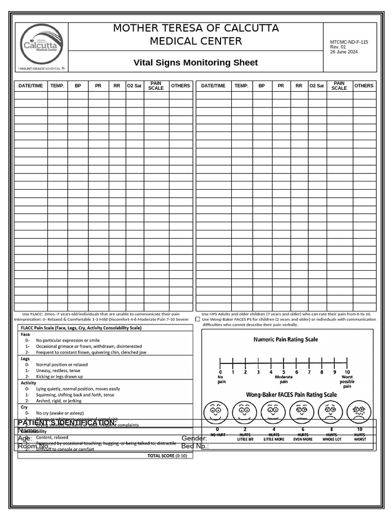 115 Vital Signs Monitoring Sheet Rev. 01 | PDF