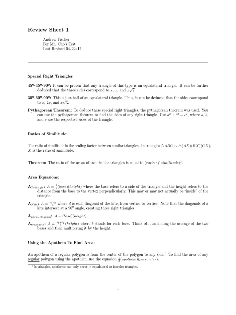 Special Right Triangles Review Sheet | PDF