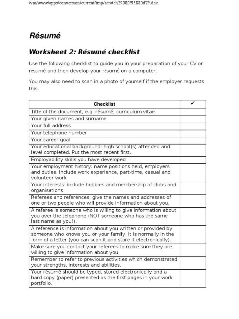 Worksheet 2: Résumé Checklist | PDF | Résumé | Communication