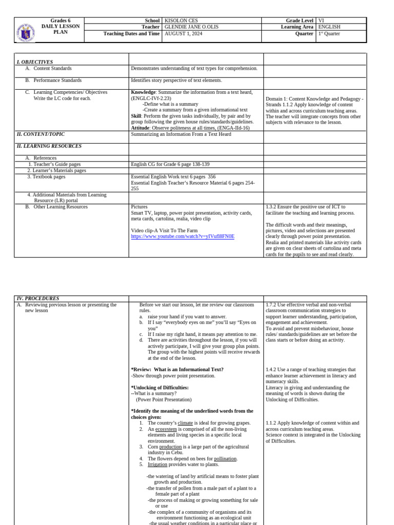 Grade 6 English Lesson Plan: Summarizing | PDF | Learning | Curriculum