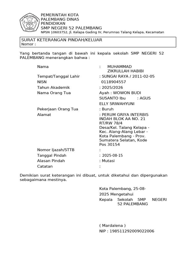 Surat Keterangan Pindah SMP 52 Palembang | PDF