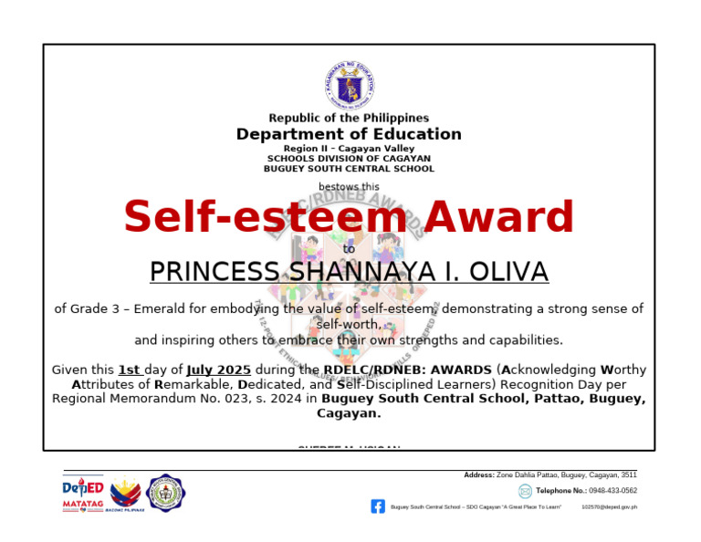 Self-Esteem Award for Princess Oliva | PDF