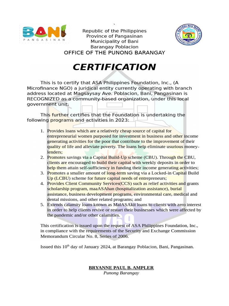 Certification of Asa Phil. | PDF