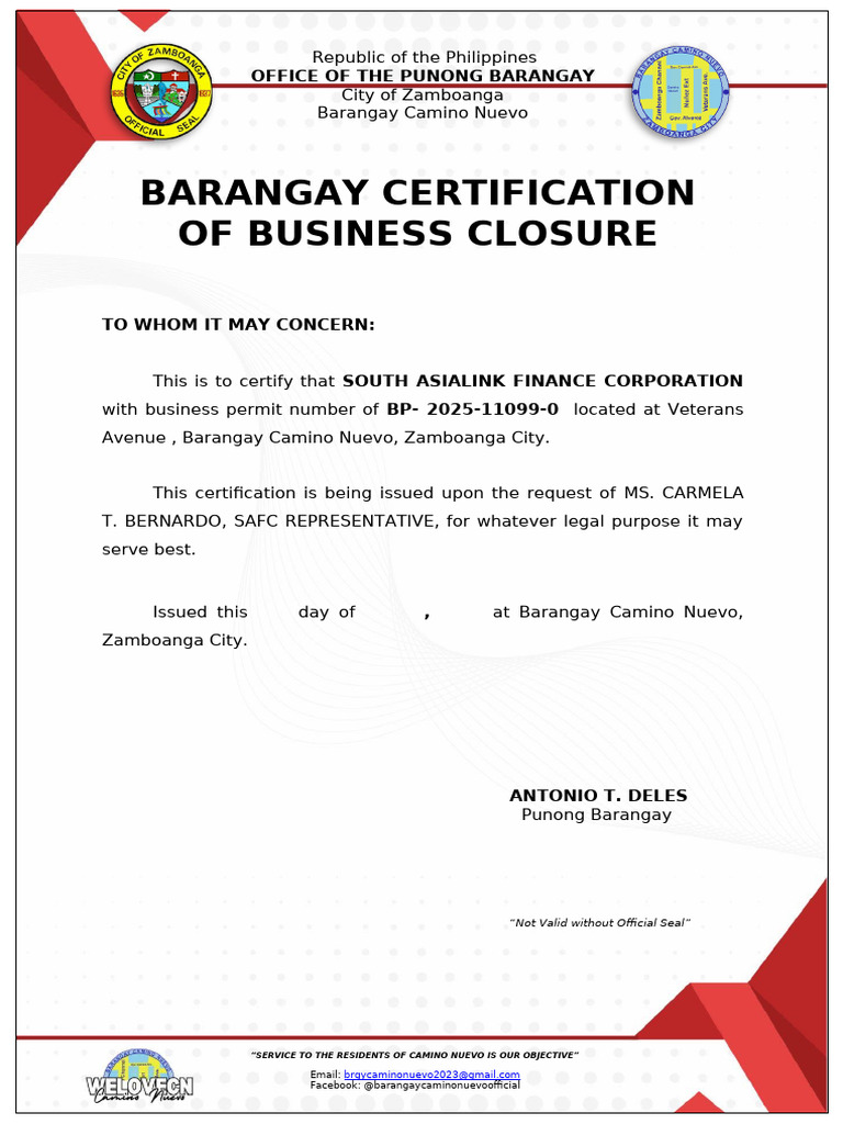 Barangay Certificate of Closure 1 | PDF