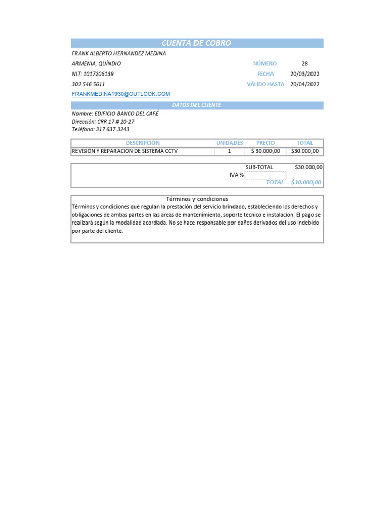 Cuenta de Cobro Bancafe | PDF