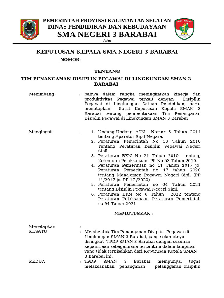 Pembentukan TPDP SMAN 3 Barabai 2025 | PDF