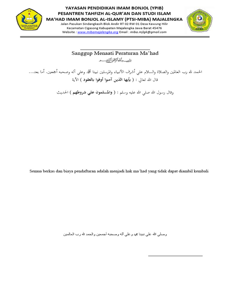 Surat Pernyataan Taati Peraturan Pondok | PDF