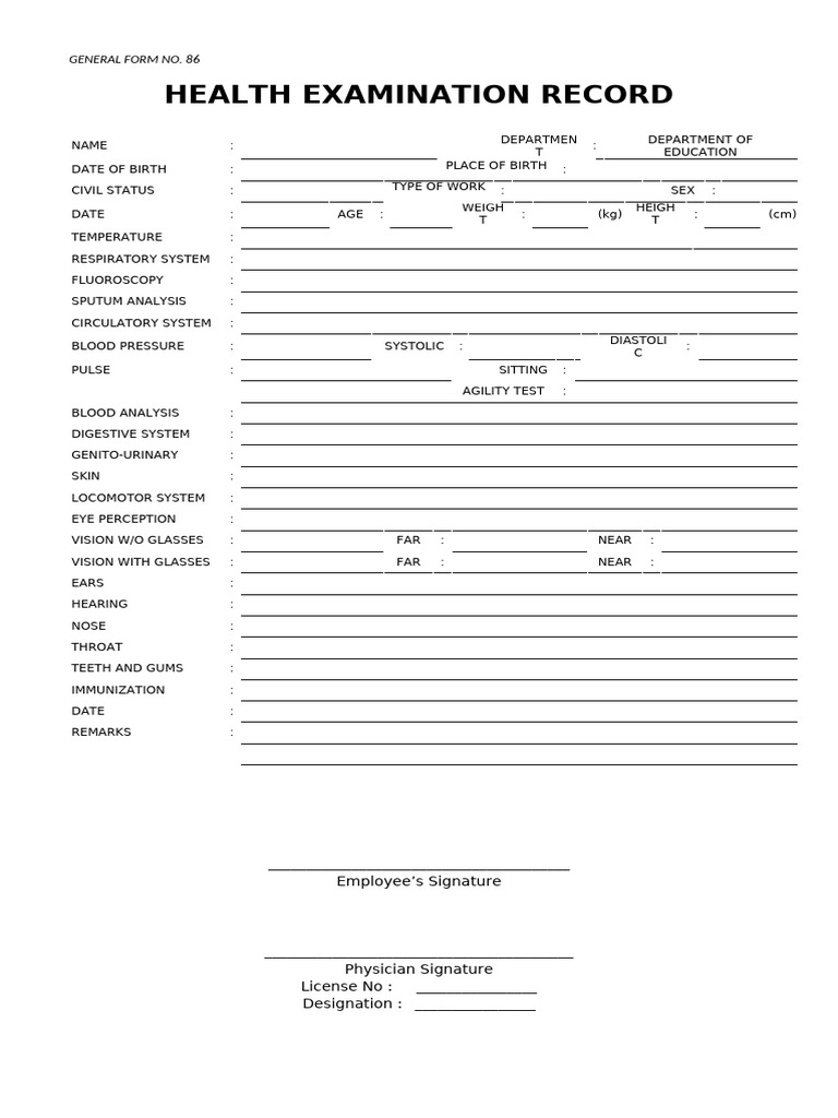 Health Examination Record Template | PDF | Blood Pressure | Medical ...