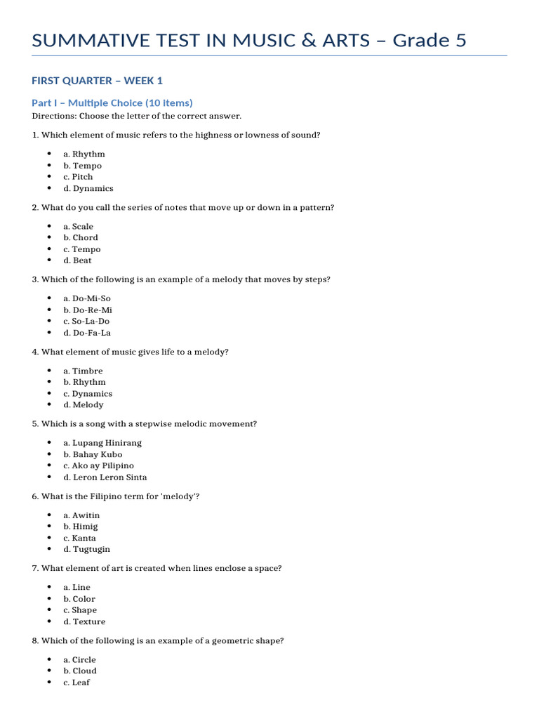Grade 5 Music & Arts Test Guide | PDF | Melody | Rhythm