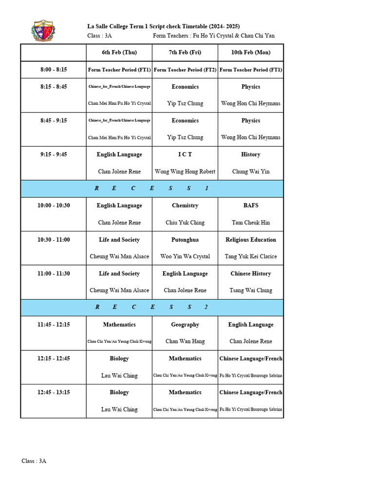 2024-25 Term 1 Class Mark Checking Timtable F3 | PDF | Hong Kong