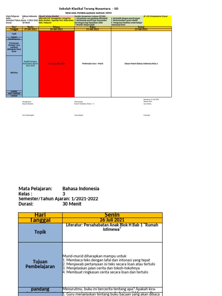 2021-2022 RPH Bahasa Indonesia Kelas 3 | PDF