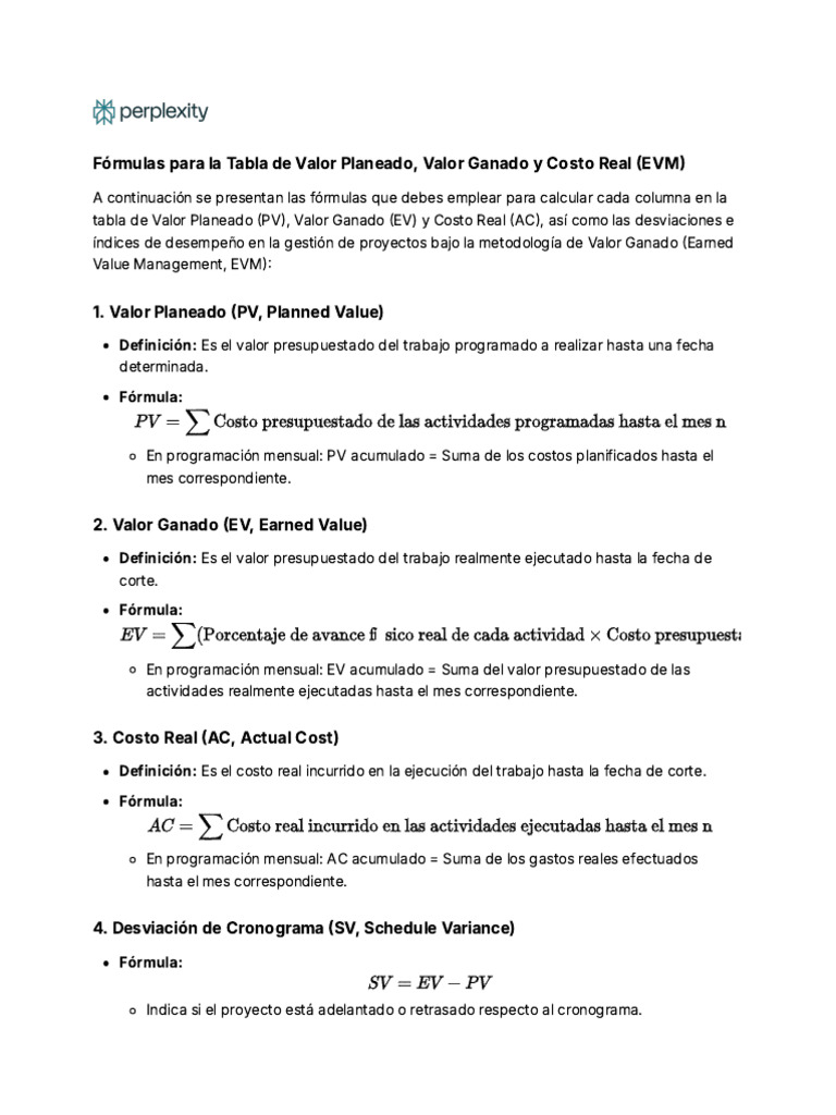Fórmulas EVM: PV, EV y AC en Proyectos | PDF