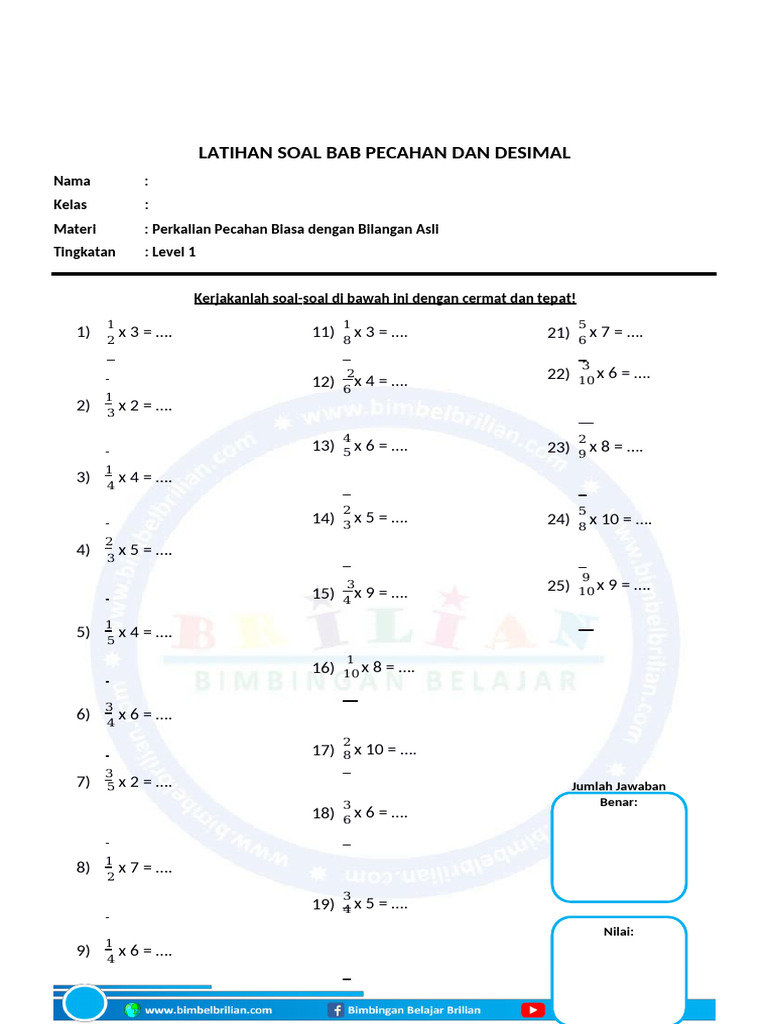 Soal Perkalian Pecahan Level 1 | PDF