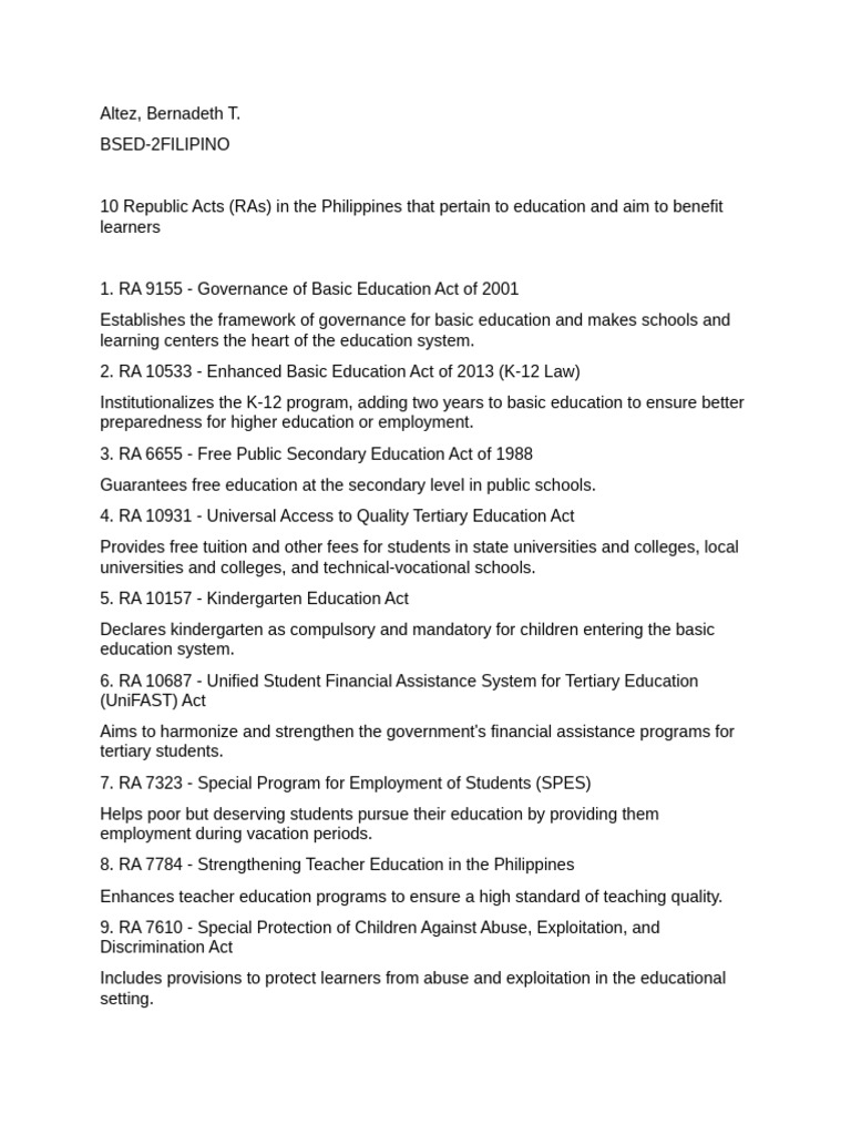 10 Key Philippine Education RAs | PDF