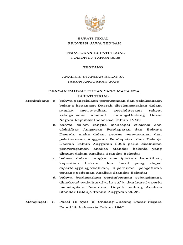 Perbup Nomor 27 Tahun 2025 Tentang Asb Tahun 2026 | PDF