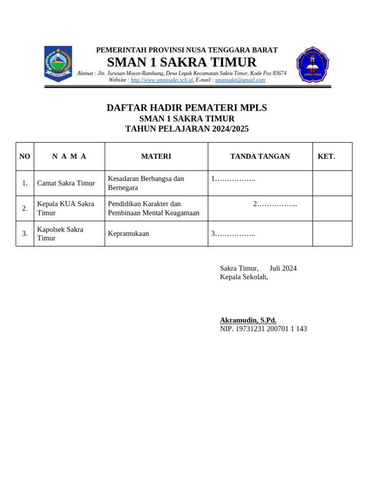 Daftar Hadir Pemateri Mpls | PDF