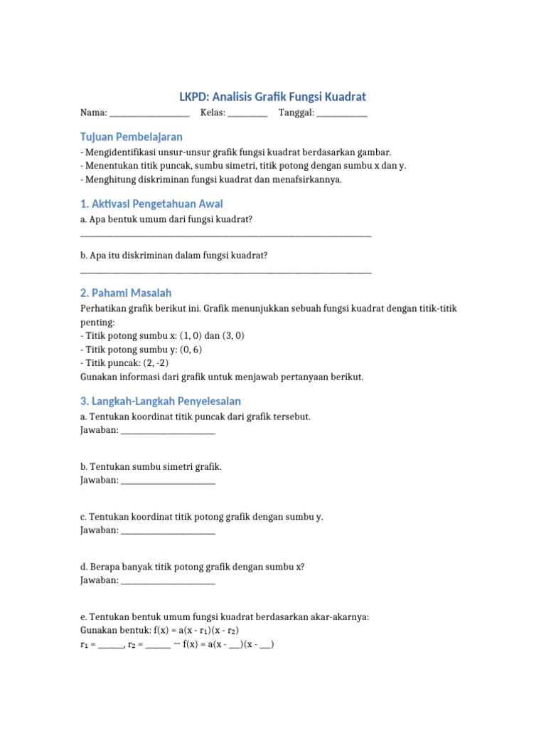 LKPD Analisis Grafik Fungsi Kuadrat | PDF
