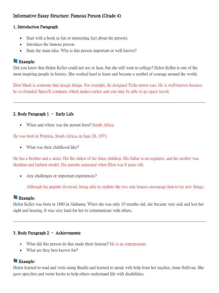 Informative Essay Structure - Famous Person (Grade 4) | PDF | Elon Musk