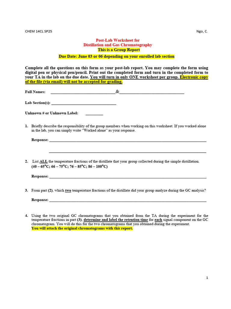 Distillation and GC Post-Lab Worksheet | PDF | Chromatography | Gas ...