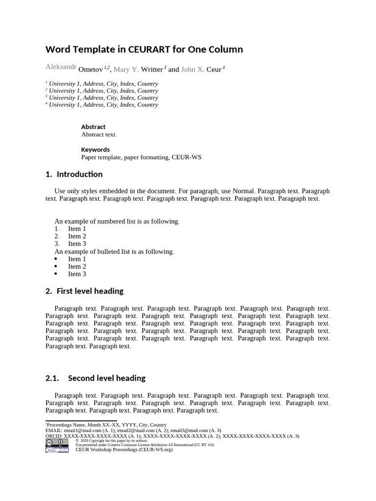 CEURART One Column Word Template | PDF | Creative Commons License ...