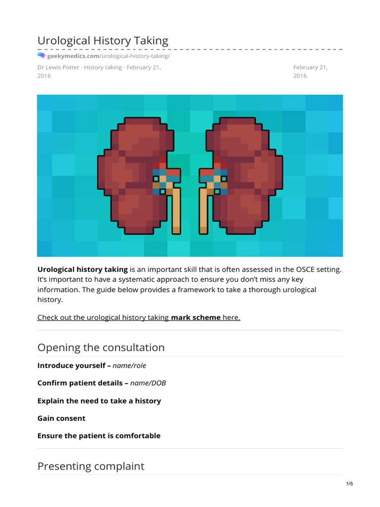 Urological History Taking Guide | PDF | Urinary Tract Infection ...