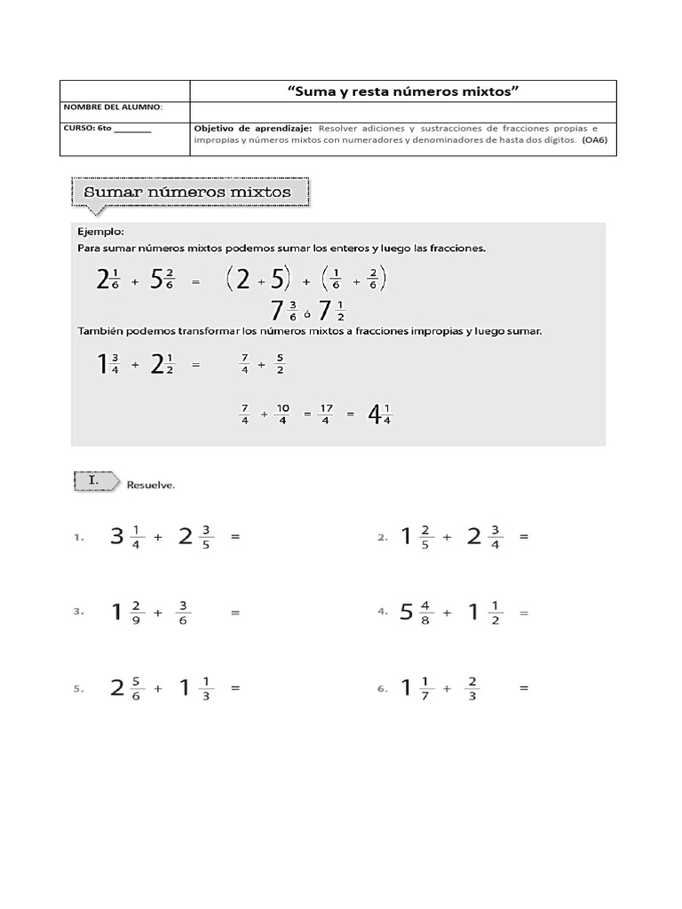 Suma y Resta de Números Mixtos | PDF
