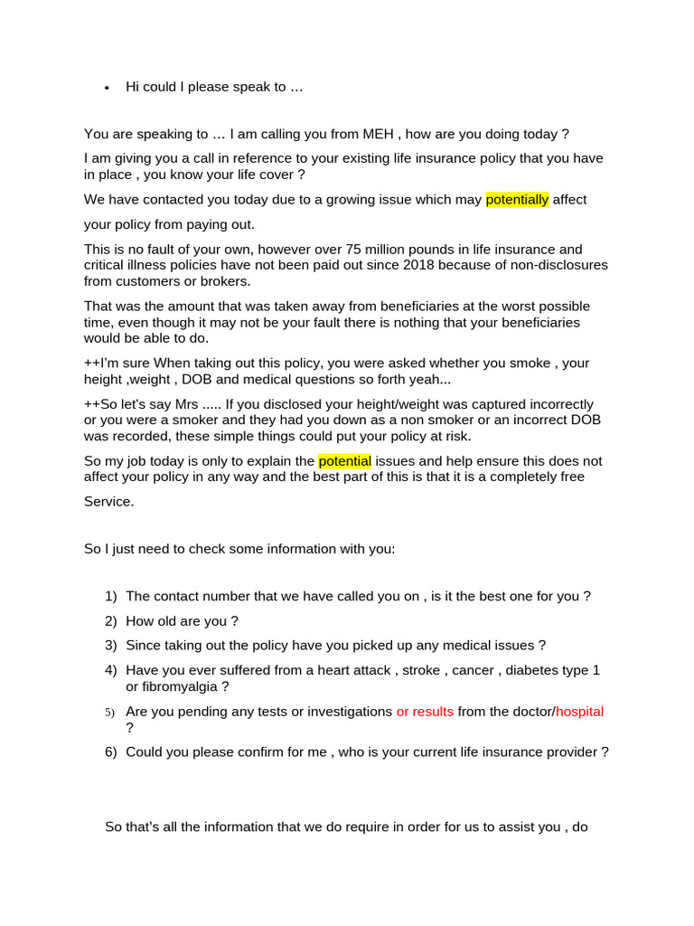 Life Insurance Policy Check Call | PDF | Life Insurance | Insurance