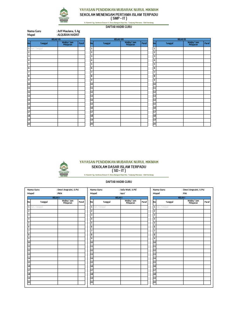 Daftar Hadir Guru Yayasan Mubarok 2024 | PDF
