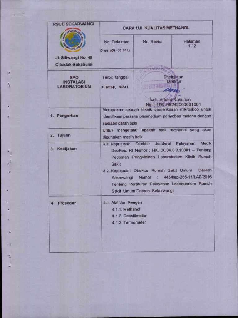 SPO Cara Uji Kualitas Methanol | PDF