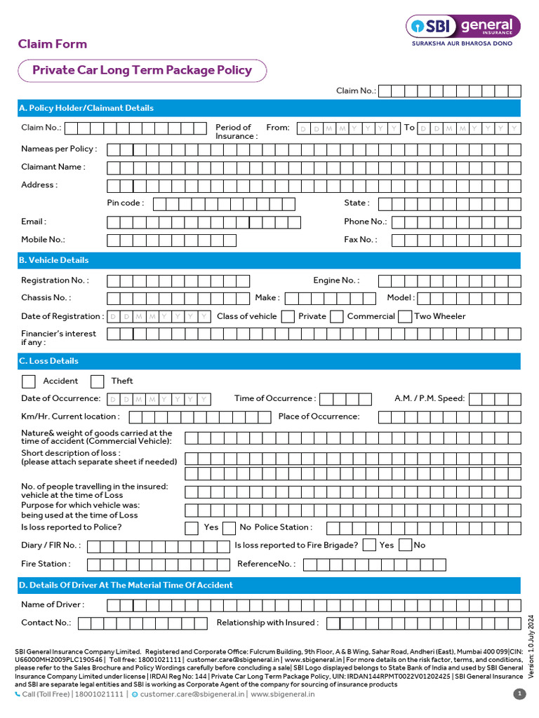 SBI Private Car Claim Form | PDF | Insurance | Business Law