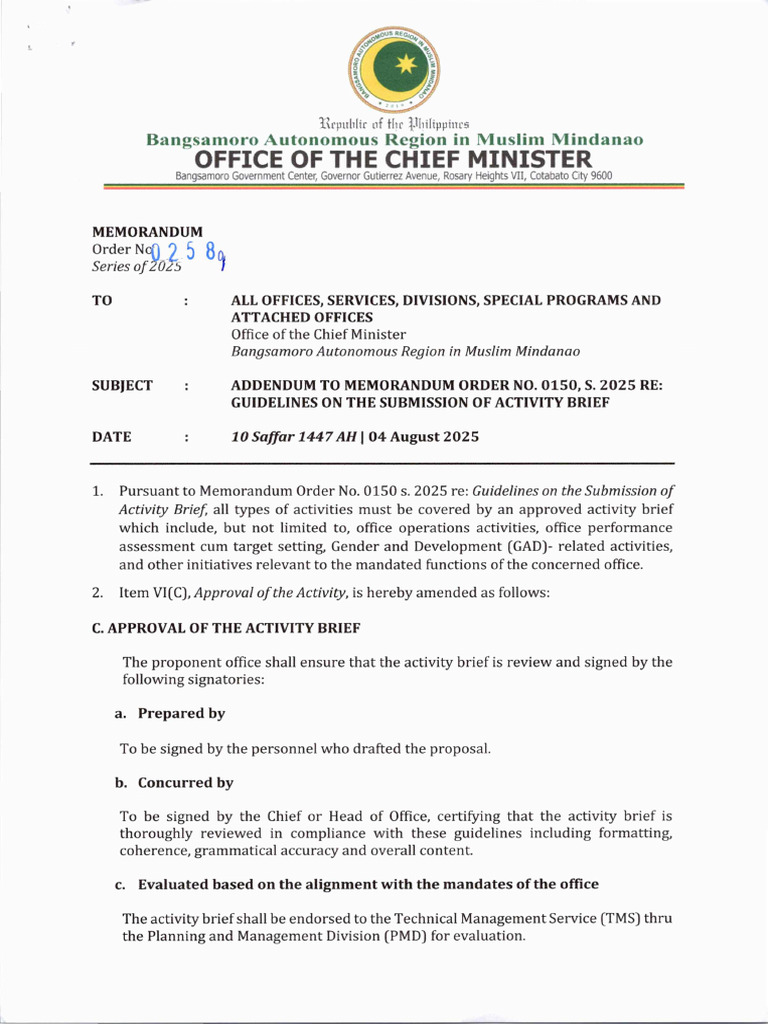 Memorandum Order No. 0258 S. 2025 Re Addendum Memorandum Order No. 0150 ...