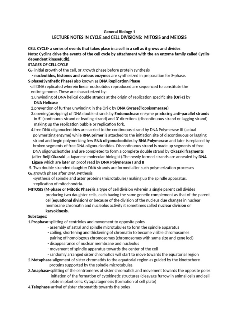 LECTURE NOTES On Cell Cycle and Cell Divisions MitosisMeiosis | PDF ...