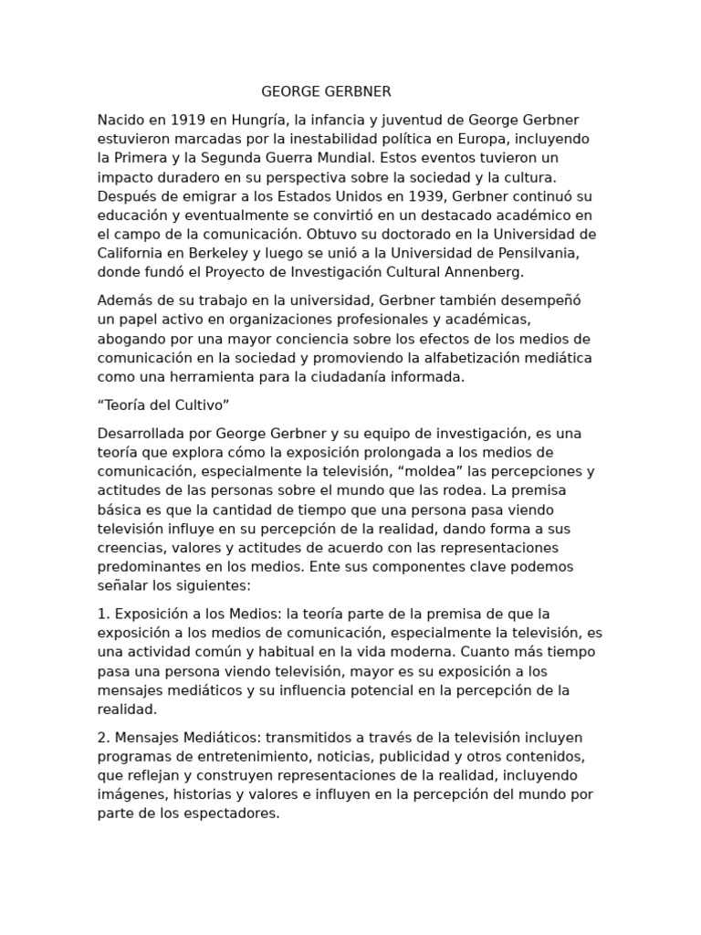 Resúmen George Gerbner | PDF | Comunicación | Conceptos psicologicos