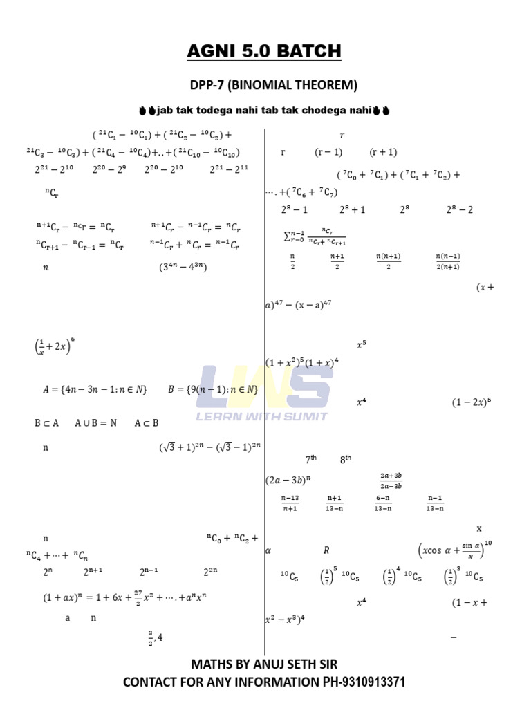 Binomial Theorem Practice Questions | PDF | Numbers | Mathematical Objects