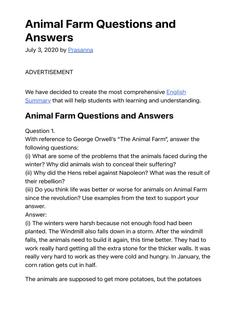 Animal Farm: Key Questions & Insights | PDF
