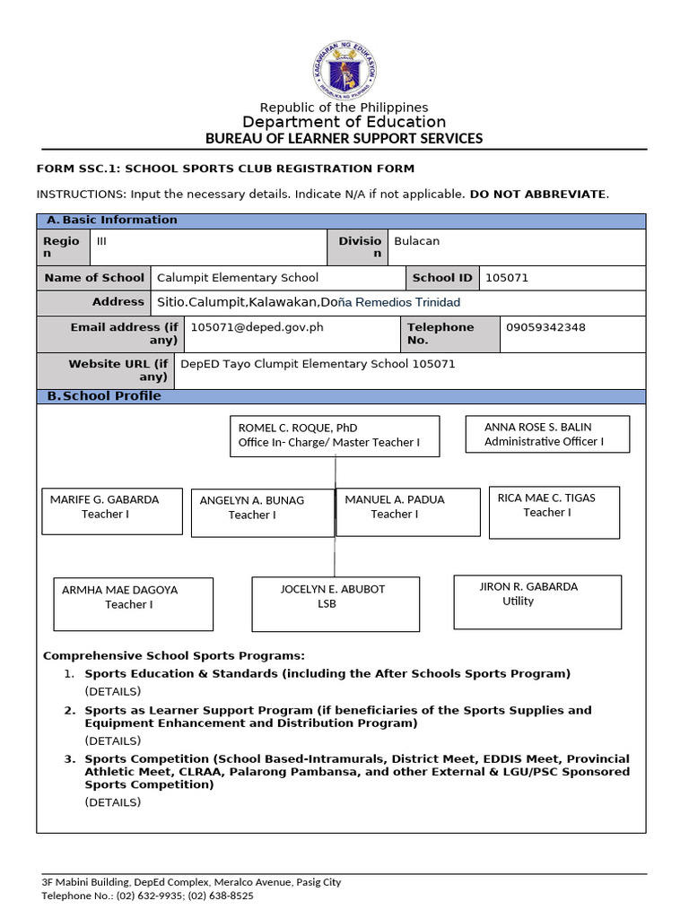 FORM SSC.1 SSC.2 and Membership Certificate SCHOOLS SPORTS CLUB PROGRAM CSSP | PDF