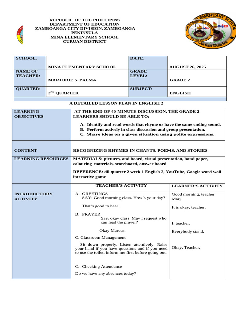 Revised K To 12 Lesson Plan Quarter 2 Grade 2 Week 1 | PDF | Lesson ...