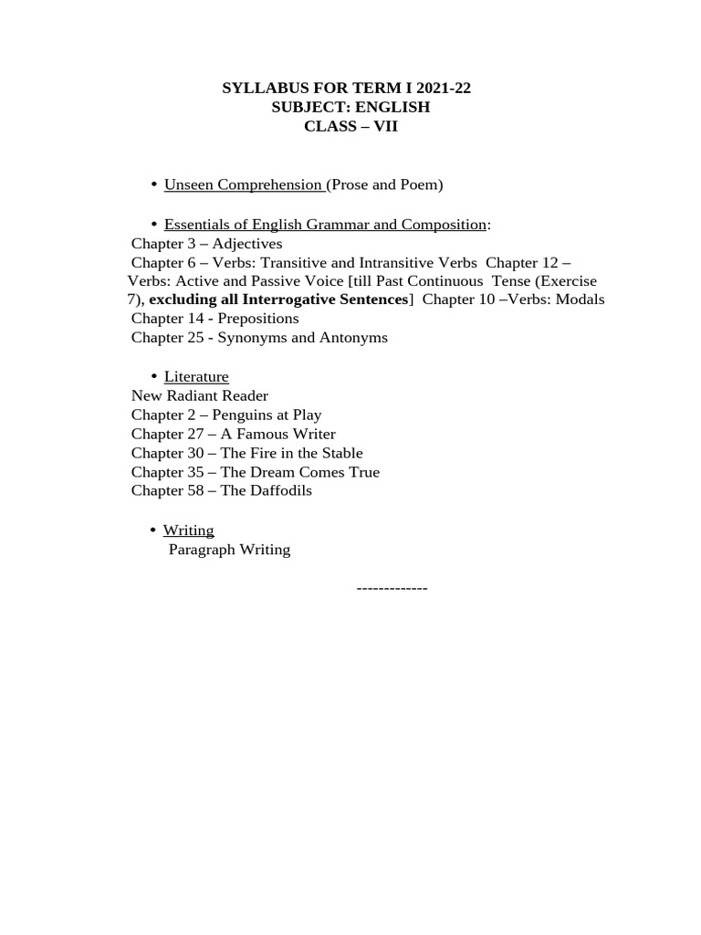 Class VII English Syllabus 2021-22 | PDF