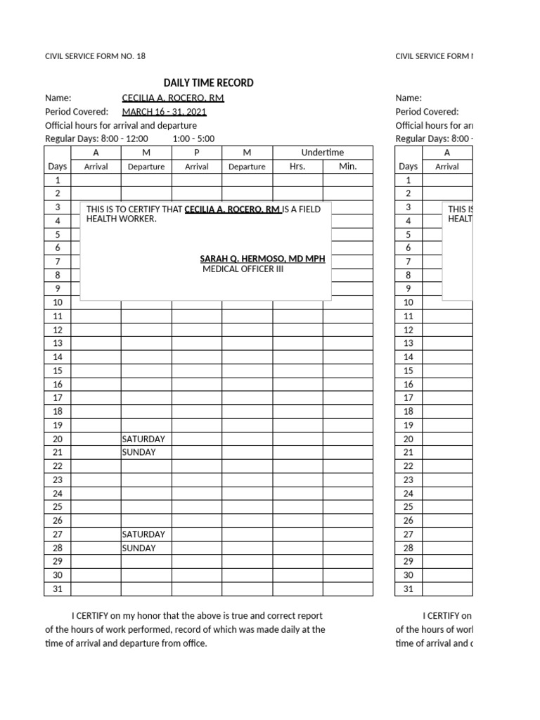 Daily Time Record Sample | PDF