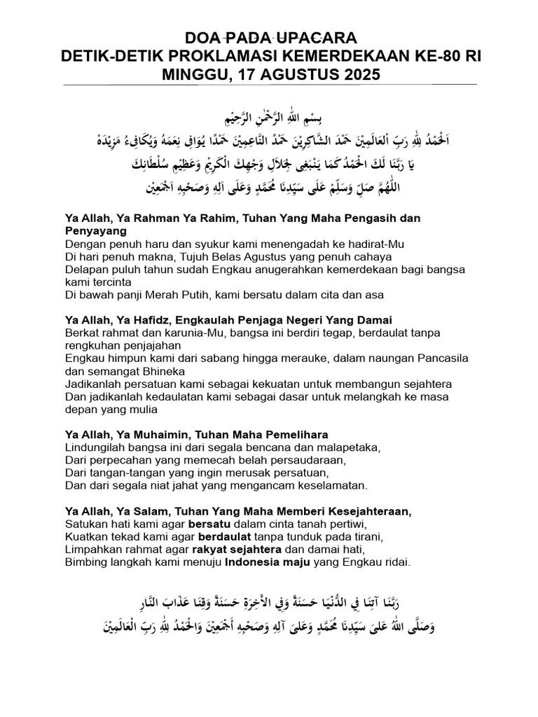 Doa Proklamasi Kemerdekaan RI ke-80 | PDF