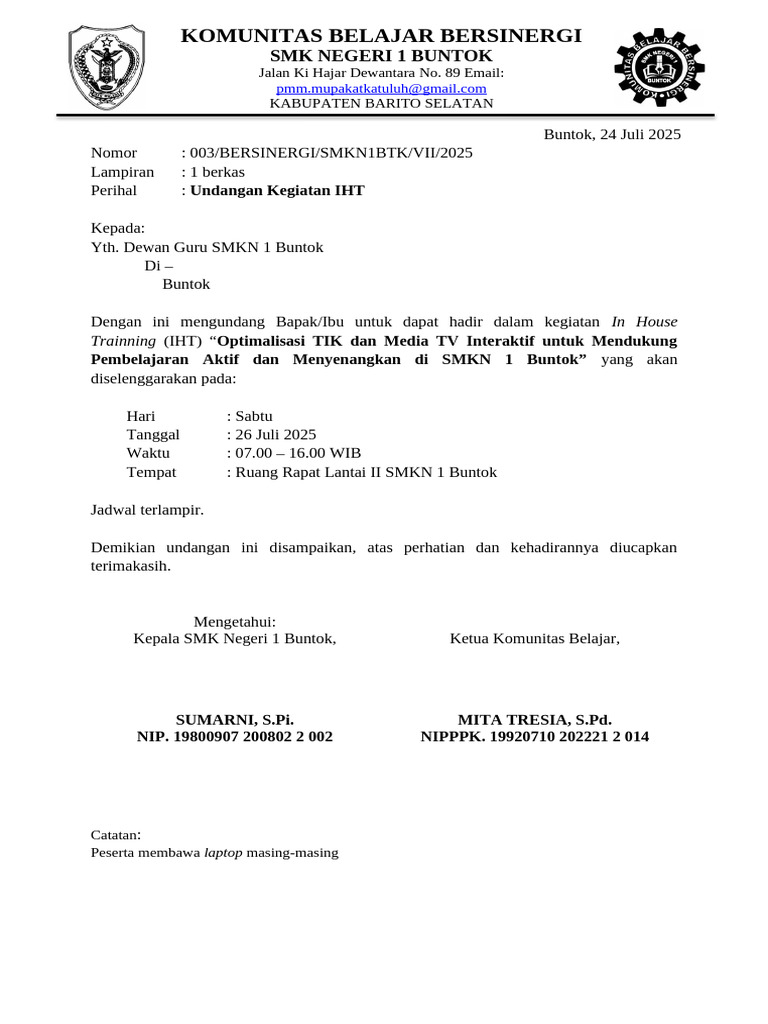 Undangan IHT TIK di SMKN 1 Buntok | PDF