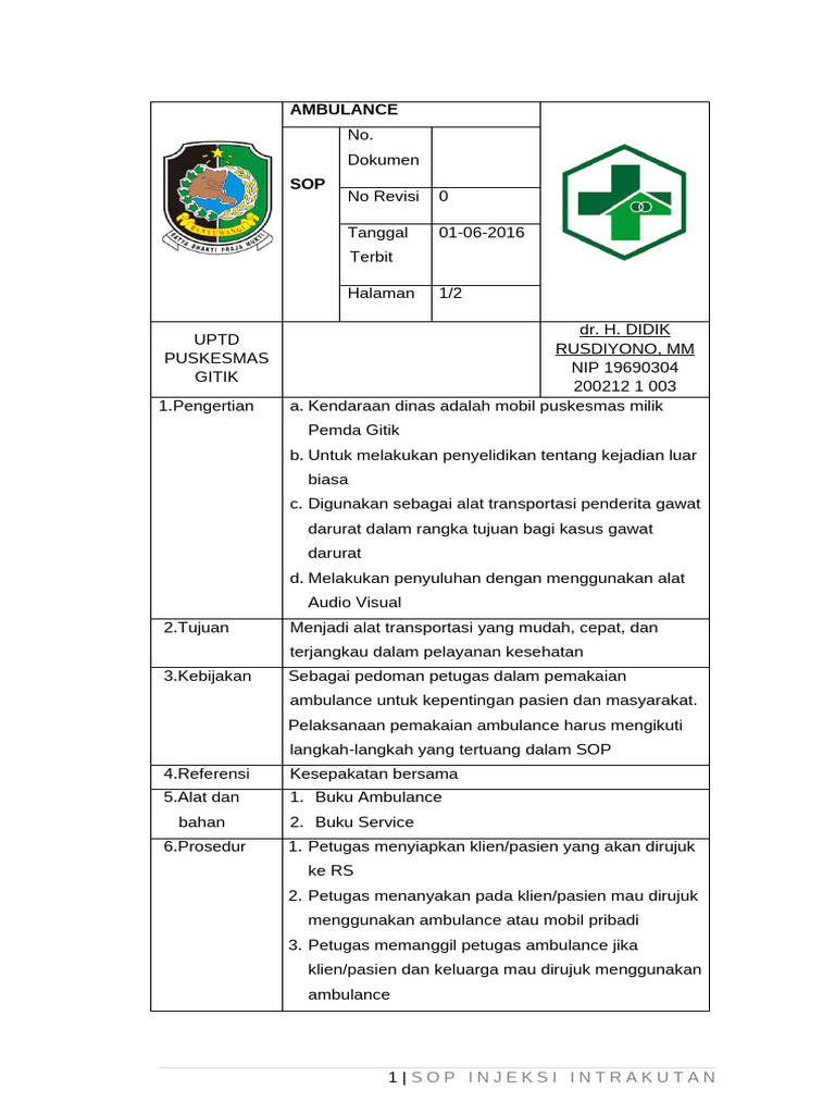 SOP Penggunaan Ambulance Puskesmas Gitik | PDF
